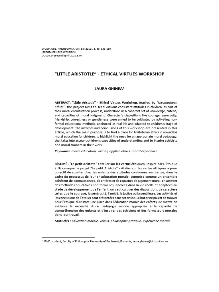 LITTLE ARISTOTLE - ETHICAL VIRTUES | PDF | Aristotle | Reason