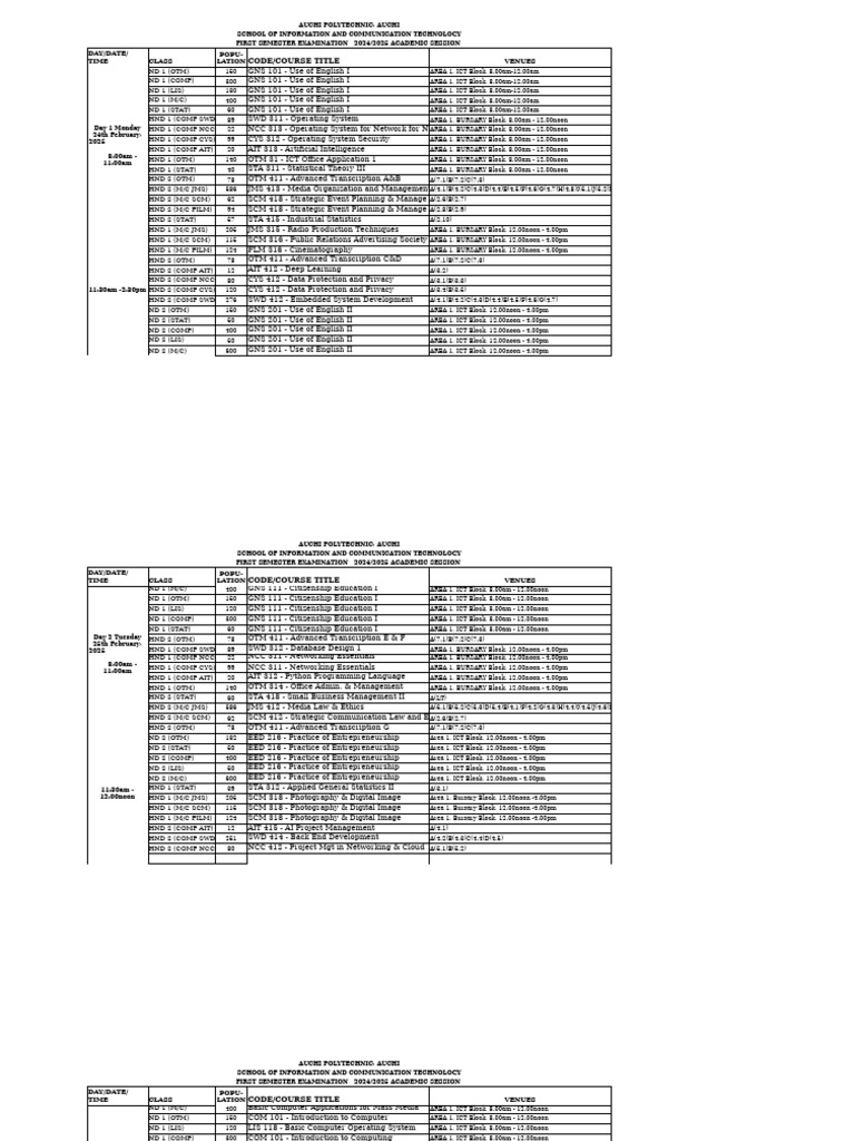 First Semester Examination Time Table 2024 - 2025 Session Student Updated-1 | PDF | Computing