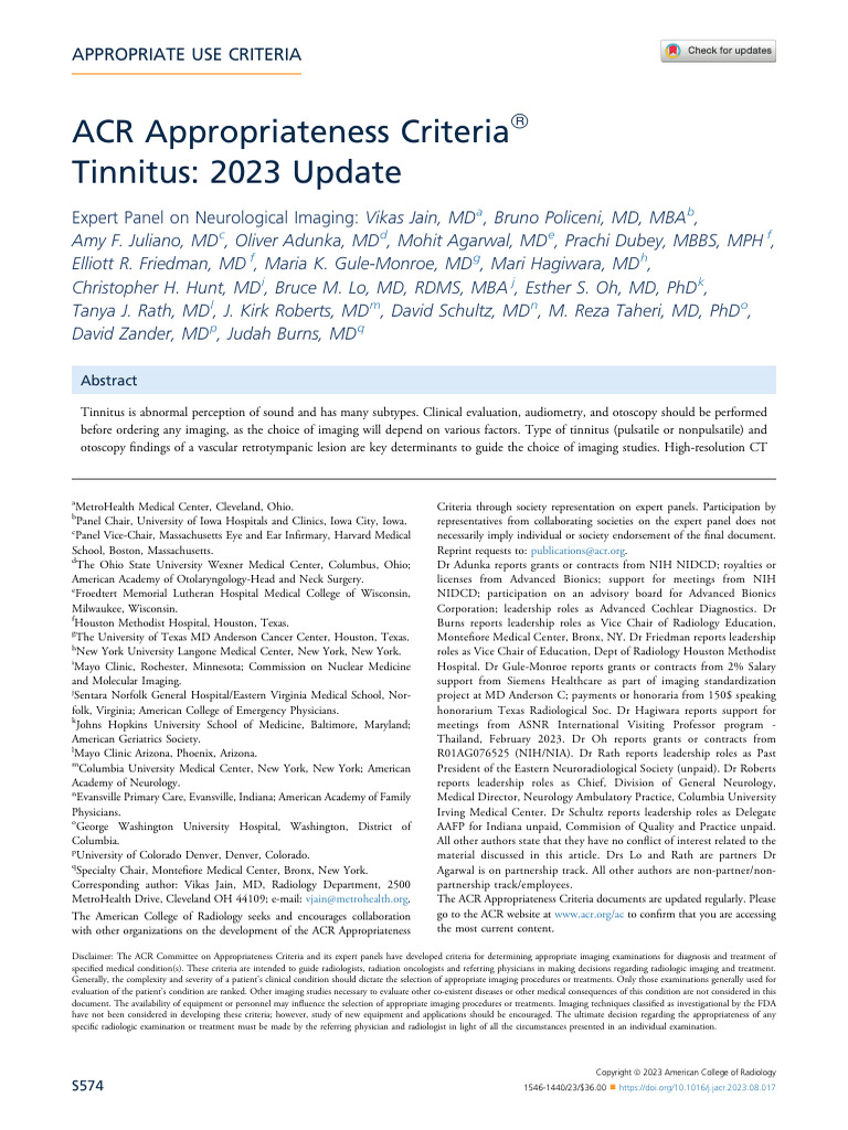 ACR Appropriateness Criteria Tinnitus - 2023 Update | PDF | Tinnitus | Radiology