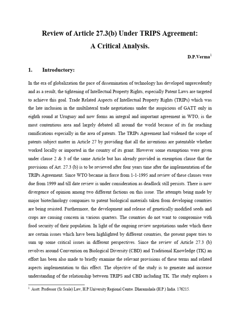Critical Analysis of TRIPS Article 27.3(b) | PDF | Trips Agreement ...