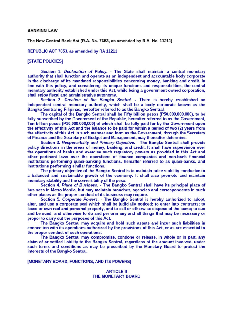 BANKING LAW - The New Central Bank Act (R.A. No. 7653, As Amended by R ...