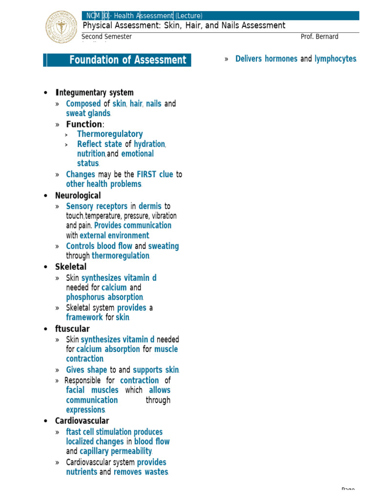 Skin, Hair, and Nails Assessment Guide | PDF | Skin | Nail (Anatomy)
