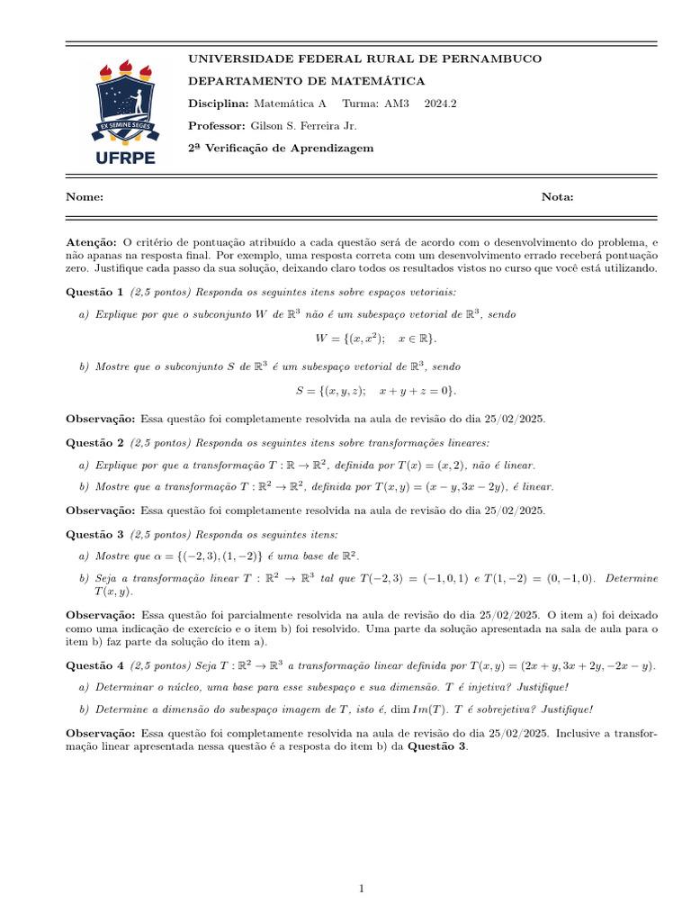 2 Verificao de Aprendizagem 2024 2 Geometria Analtica e Lgebra Linear A | PDF | Mapa linear ...