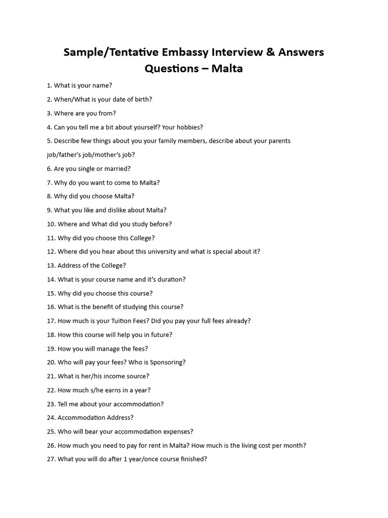 Sample - Tentative Embassy Interview Questions - Malta | PDF | Malta