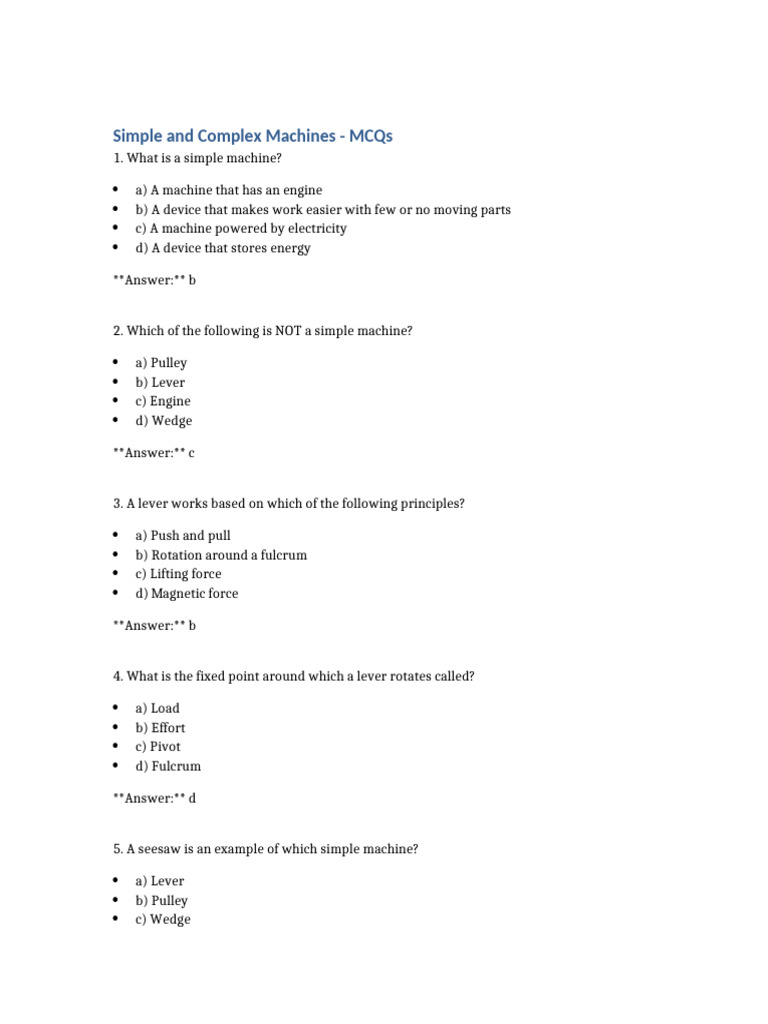 Simple and Complex Machines MCQs | PDF | Machines | Mechanical Engineering
