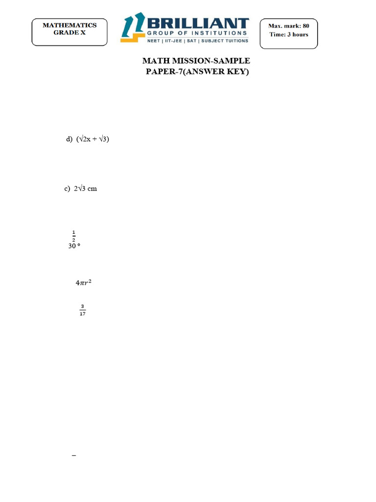 MAath Mission Day - 8 Sample Paper 7 Answer Key | PDF | Odds | Area