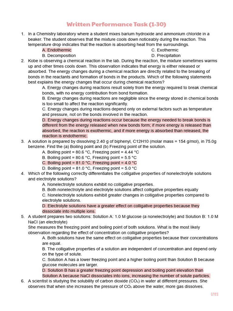 Written Performance Task Answer Key (1-30) | PDF | Reaction Rate | Chemical Reactions
