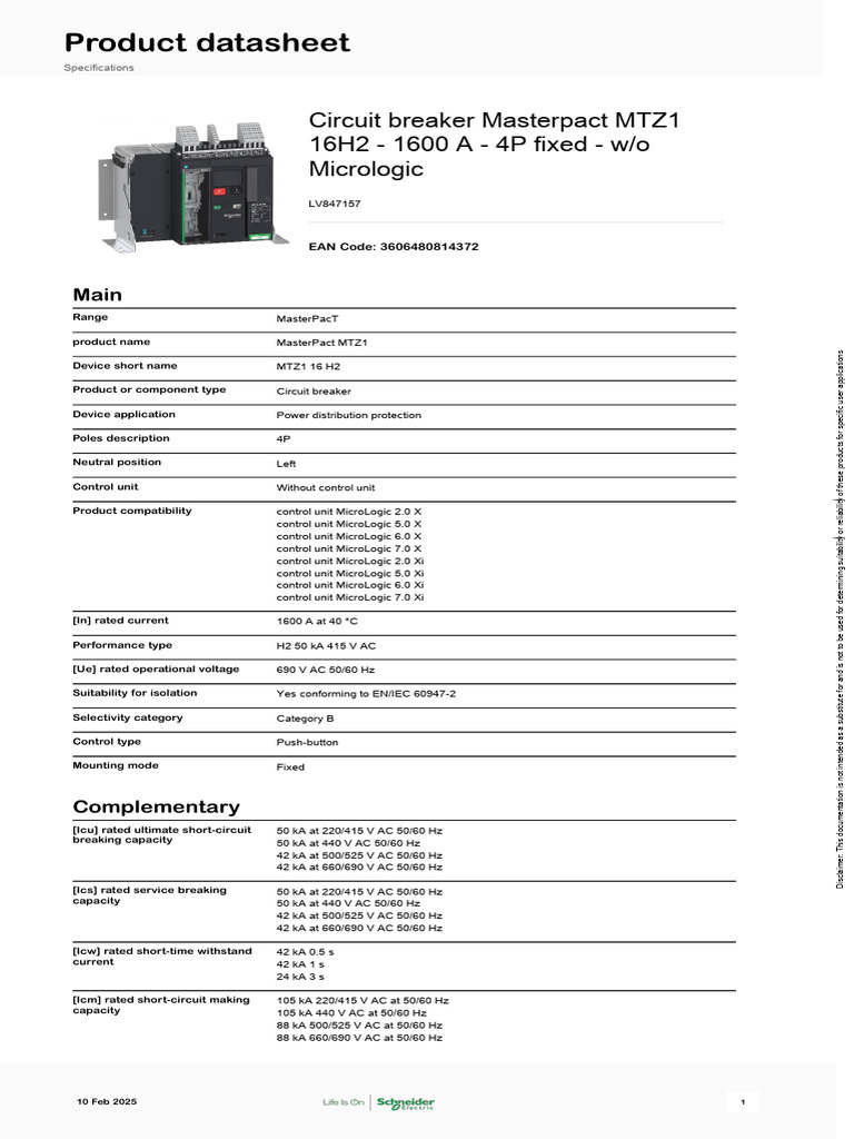 MasterPact MTZ1 Circuit Breaker Specs | PDF | Electric Power ...