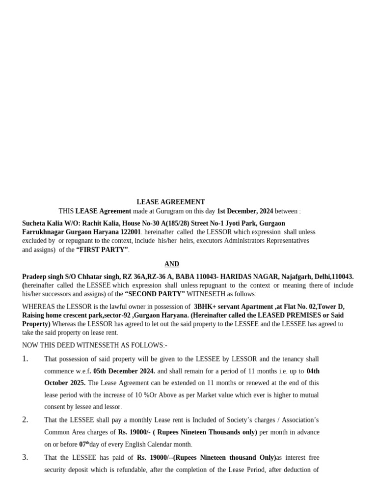 Rent Agreement D-02, Pradeep Singh | PDF | Lease | Private Law