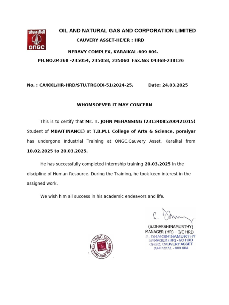 ONGC Internship Certificate for MBA Student | PDF