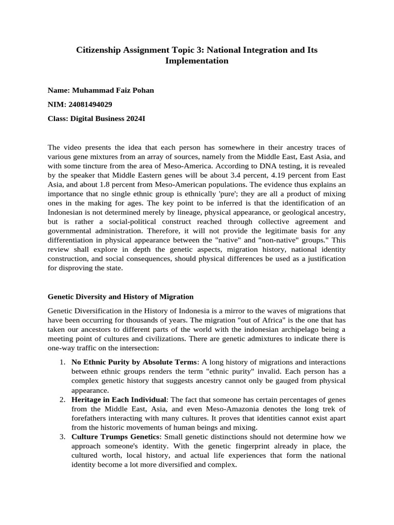 Citizenship Assignment Topic 3 - National Integration and Its Implementation | PDF ...