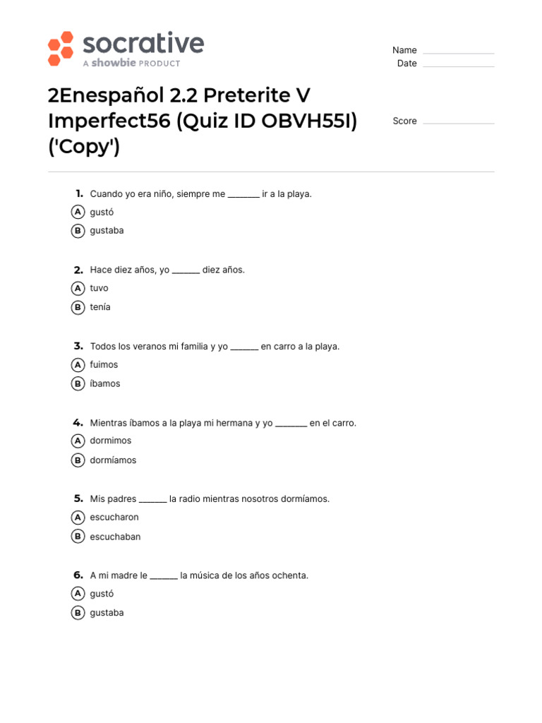 Quiz - 2enespañol 2.2 Preterite V Imperfect56 (Quiz ID OBVH55I) (Copy ...