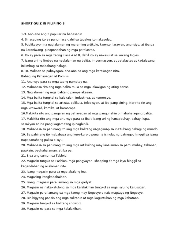 Short Quiz in Filipino 8 | PDF