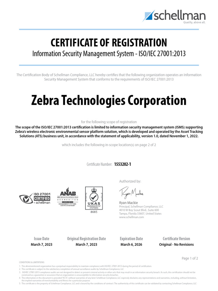 Zebra - Iso27001 Certificate Isms en Us | PDF