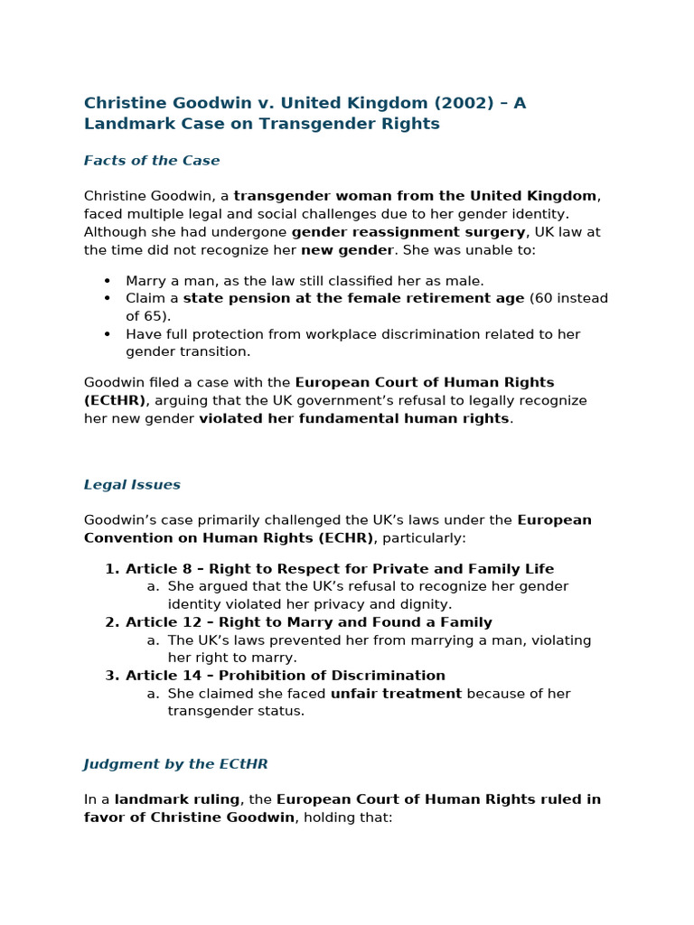 Christine V Uk 2002 Case Study | PDF | LGBTQIA+ Studies | Transgender