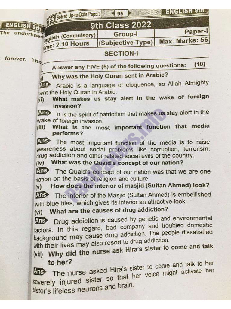 9th Class English 2022 First Group Subjective | PDF