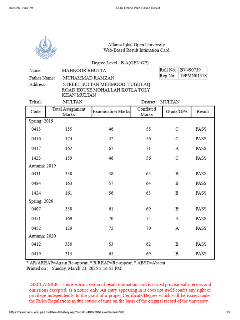 AIOU B.A. Result Card for Mahnoor Bhutta | PDF