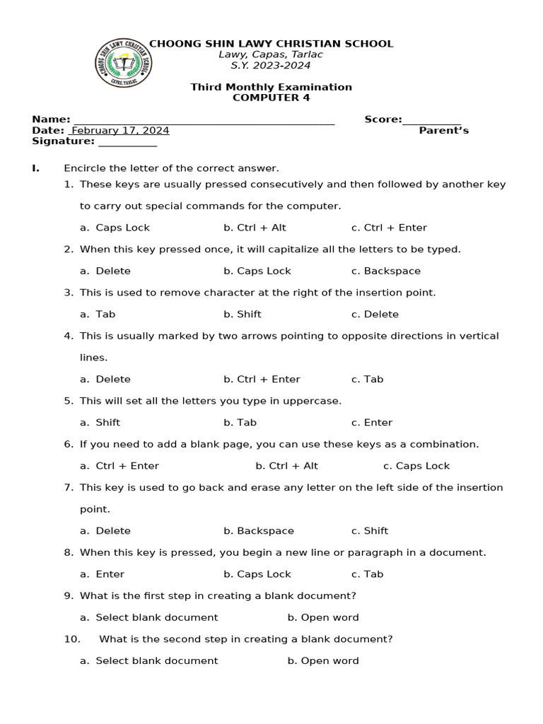 3rd Monthly Test - Computer 4 | PDF | Control Key | Writing Implements