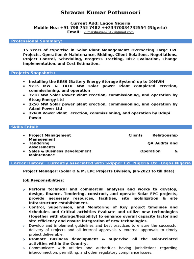 Shravan Kumar Solar (O&M) Project Manager | PDF | Solar Power | Power Station