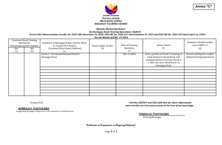 Annex C Barangay BaRCO Monthly Monitoring Report Template With PB S Certification | PDF