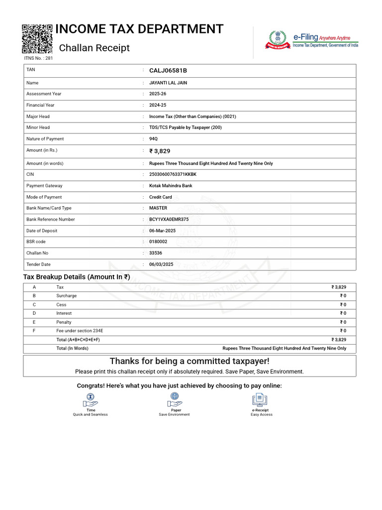 Income Tax Challan Receipt 2025-26 | PDF | Payments | Taxes