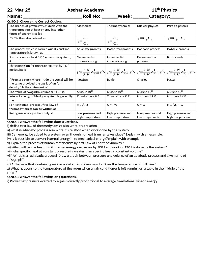11th Physics Thermodynamics Exercises | PDF | Heat | Gases