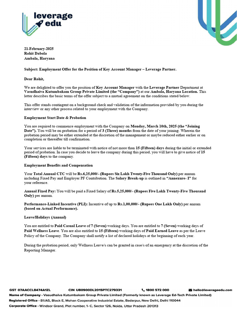 Key Account Manager Offer Letter | PDF | Employment | Salary