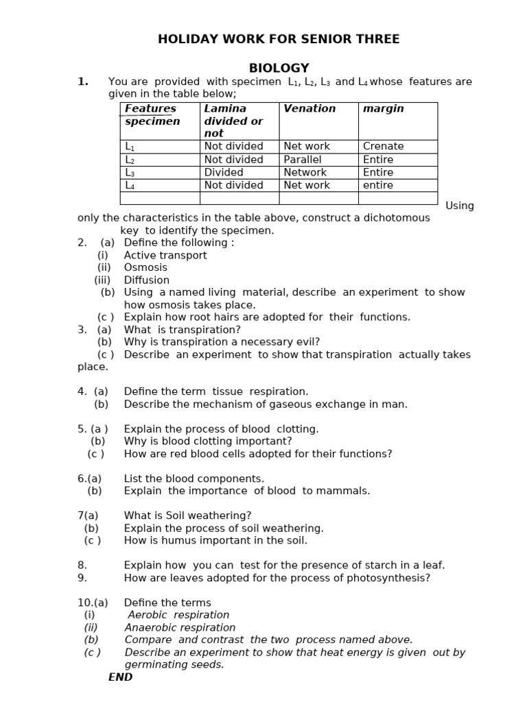 Holiday Biology Work for Senior Three | PDF