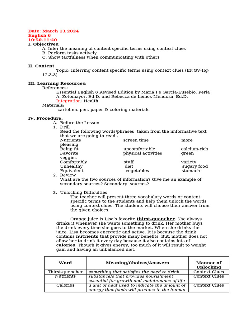 Cot - DLP - English 6 by Teacher Teresita B. Armendares | PDF | Foods | Nutrition