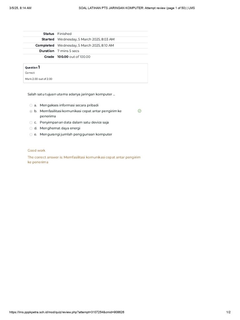 SOAL LATIHAN PTS JARINGAN KOMPUTER_ Attempt review (page 1 of 50) _ LMS | PDF
