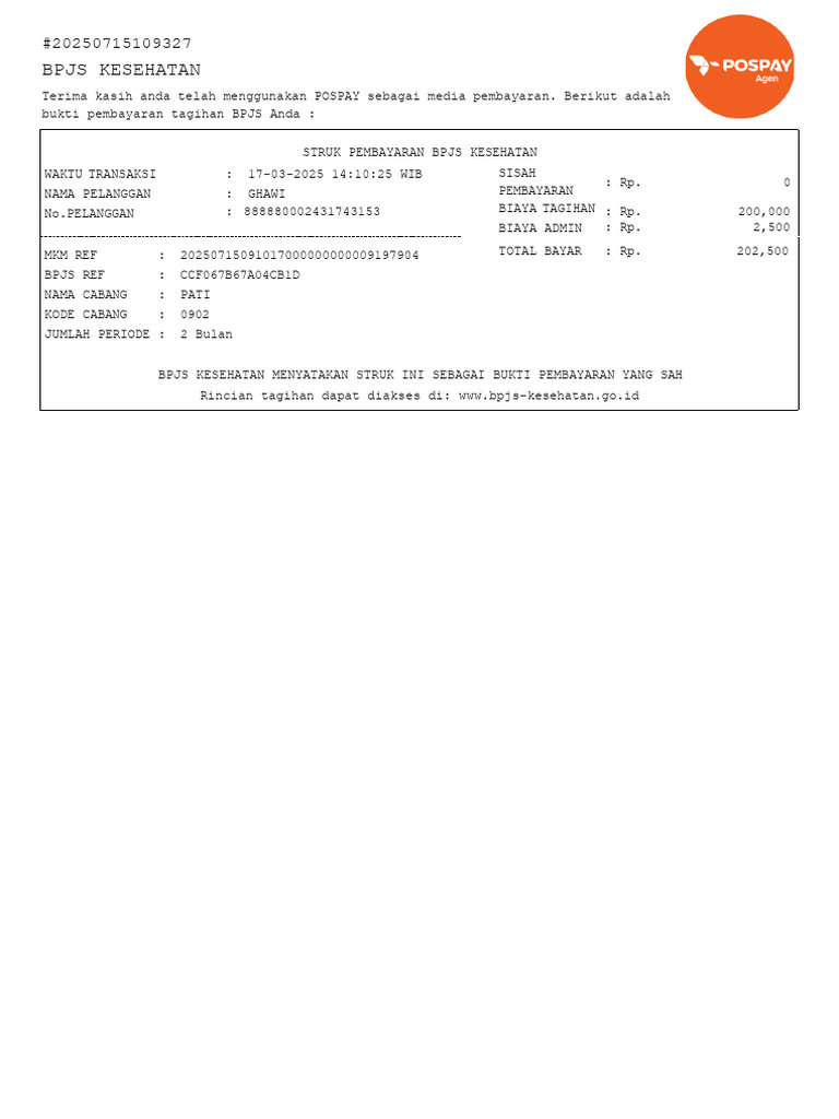 Bukti Pembayaran BPJS Kesehatan | PDF