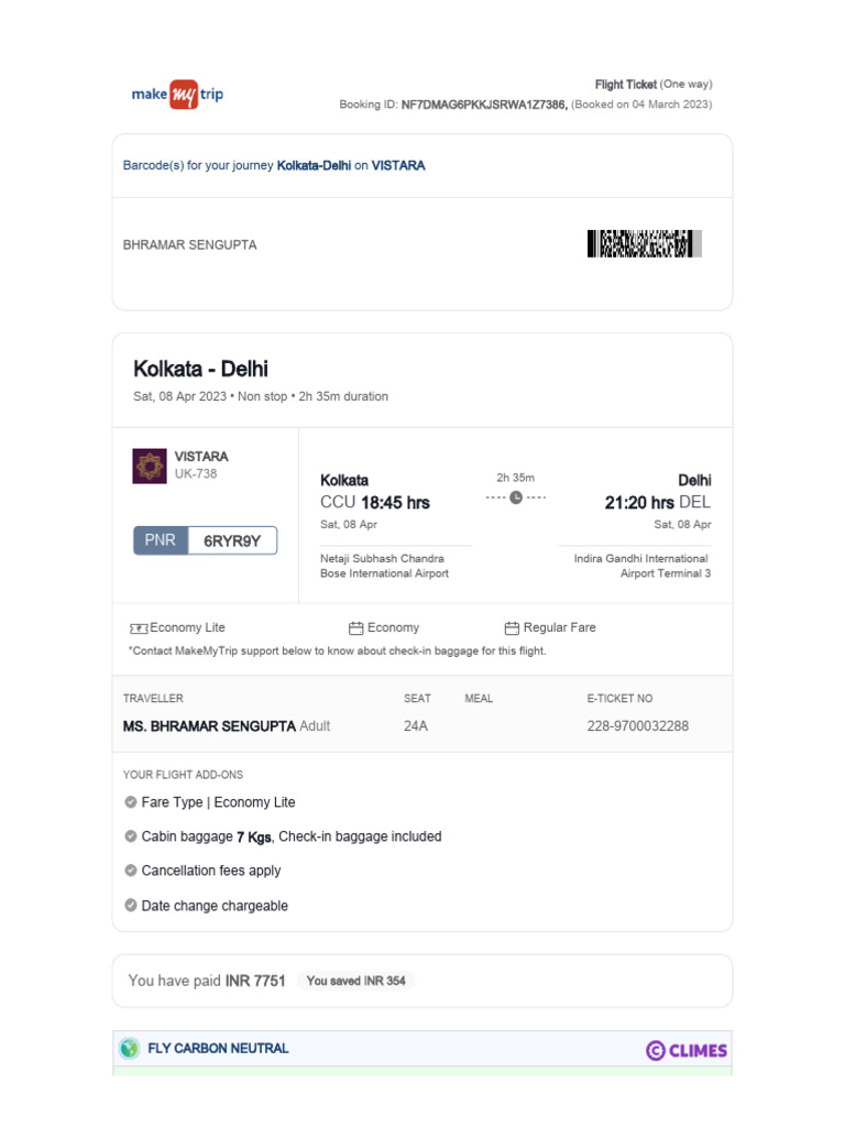 Vistara Flight Ticket: Kolkata to Delhi | PDF | Identity Document | Aviation