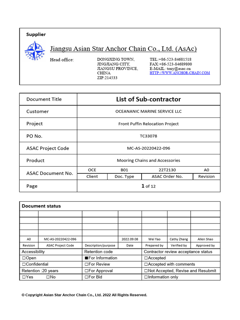 OCE-B01-22T2130-List of Sub-Contractor | PDF | Steel | Metals