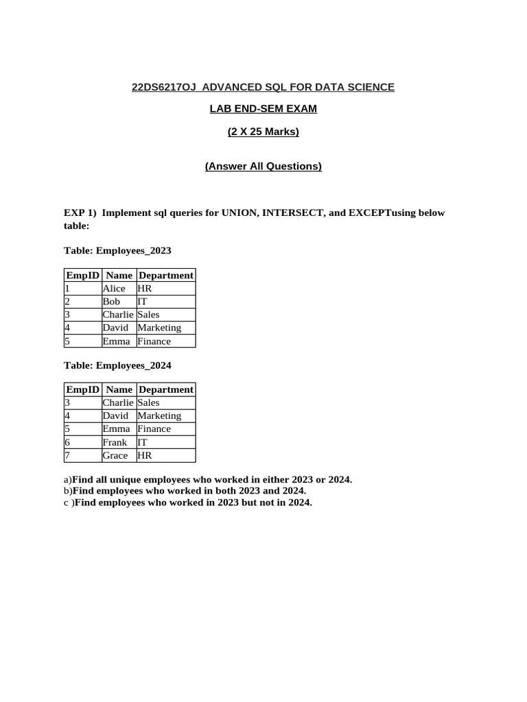 Lab end sem - Advanced SQL for Data Science | PDF