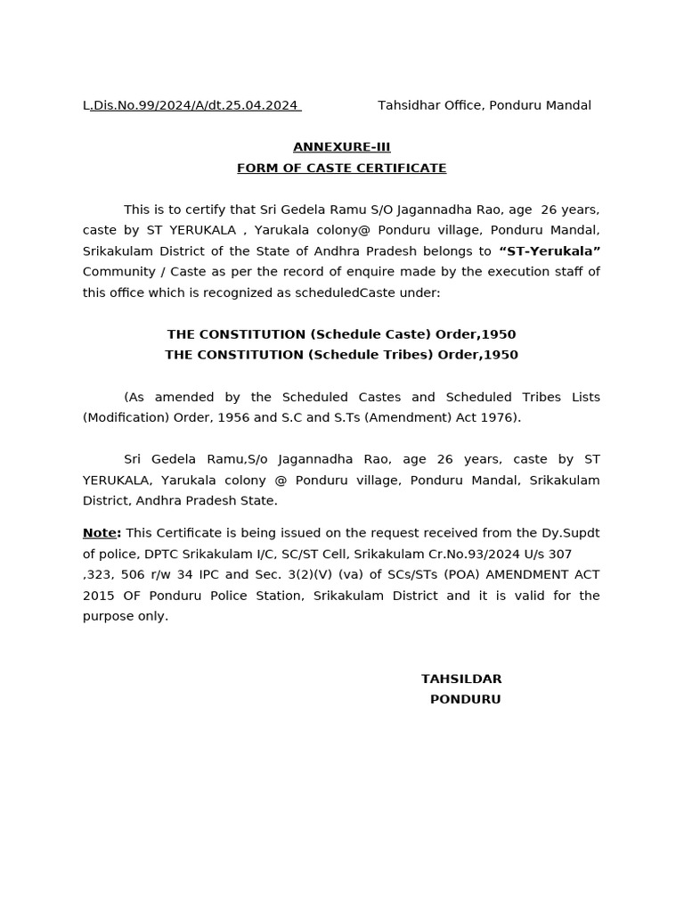 Annexure-3 SC Caste Certificate | PDF | South Asia | Dalit