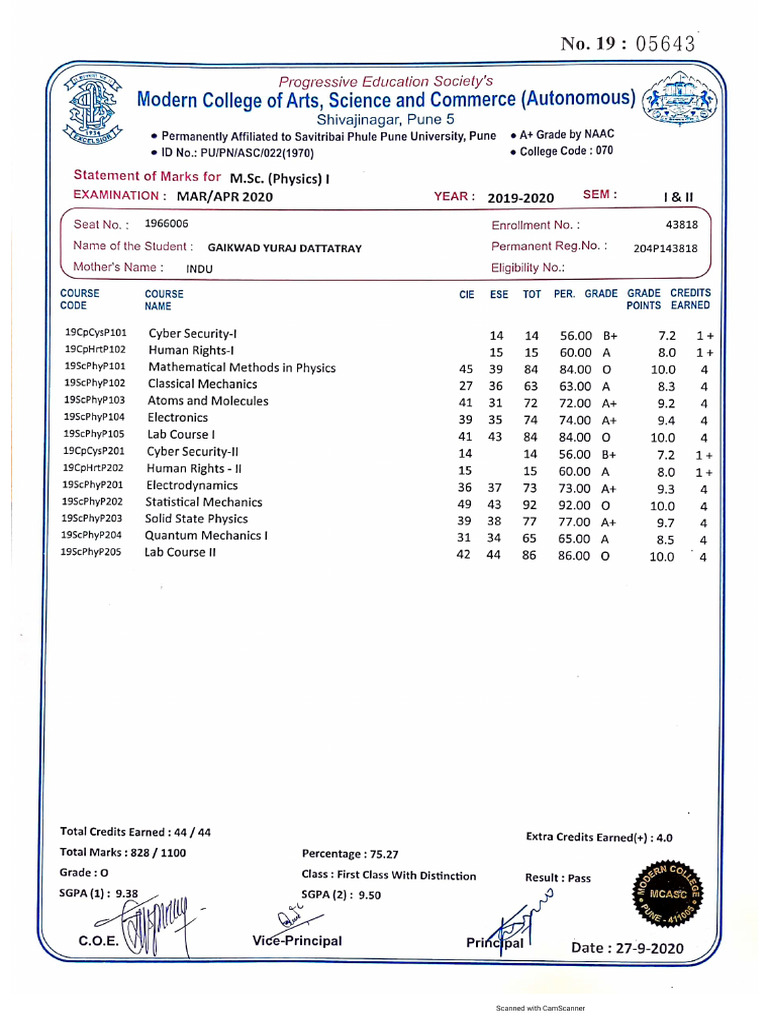 MSC I Marksheet | PDF