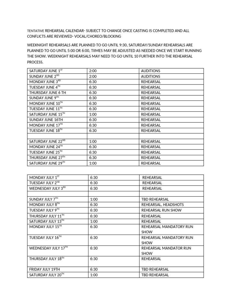 Tentative Rehearsal Calendar For Auditions 6-3 Edits | PDF