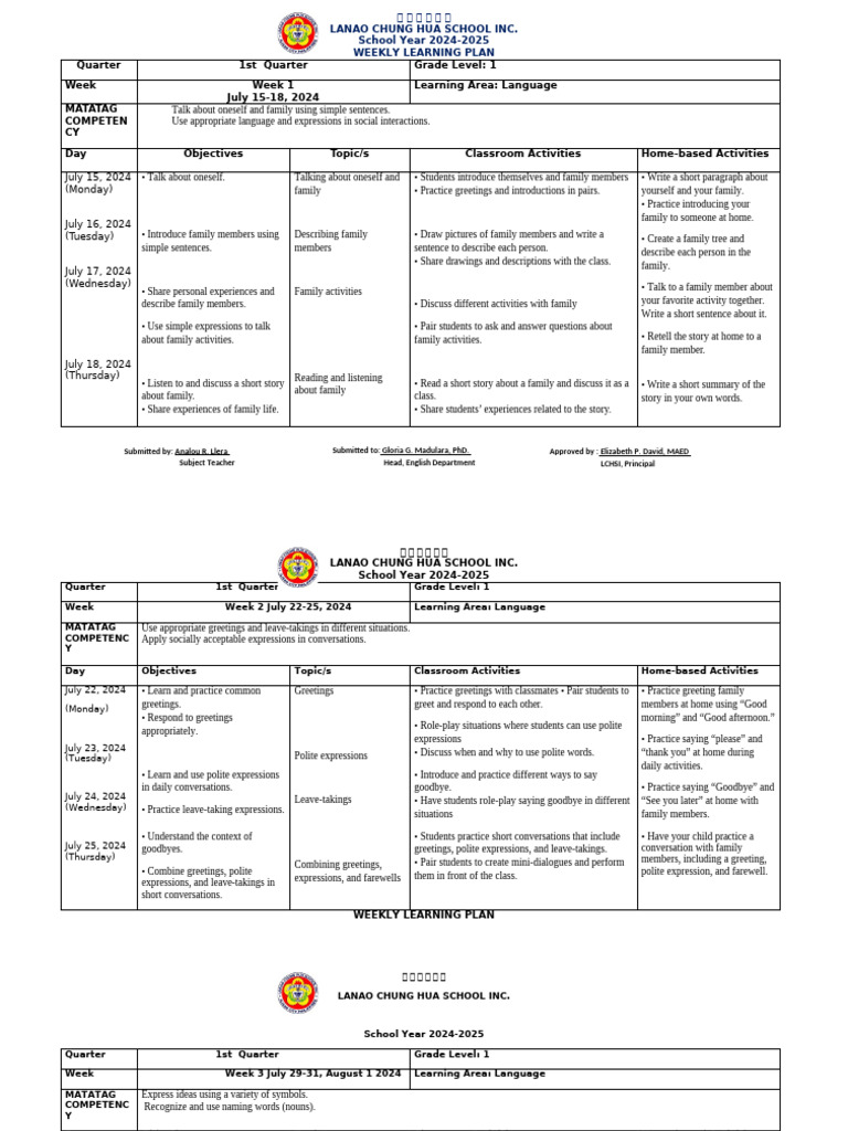 Q1 Week 1-6 Language Weekly Plan | PDF | Symbols | Tone (Linguistics)