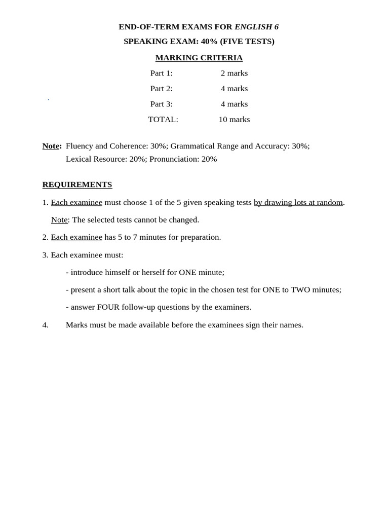 Grade 6 English Speaking Exam Guide | PDF | Tourism | Goal