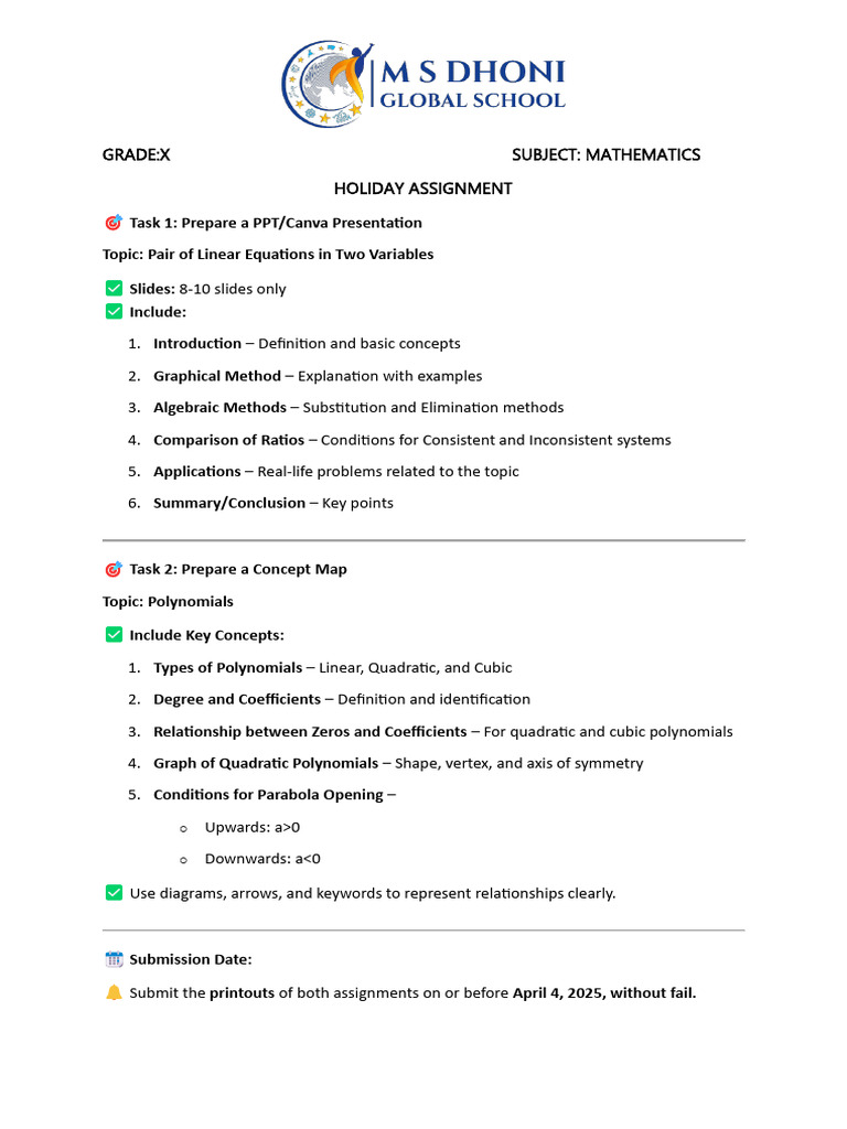 Grade:X Subject: Mathematics Holiday Assignment | PDF