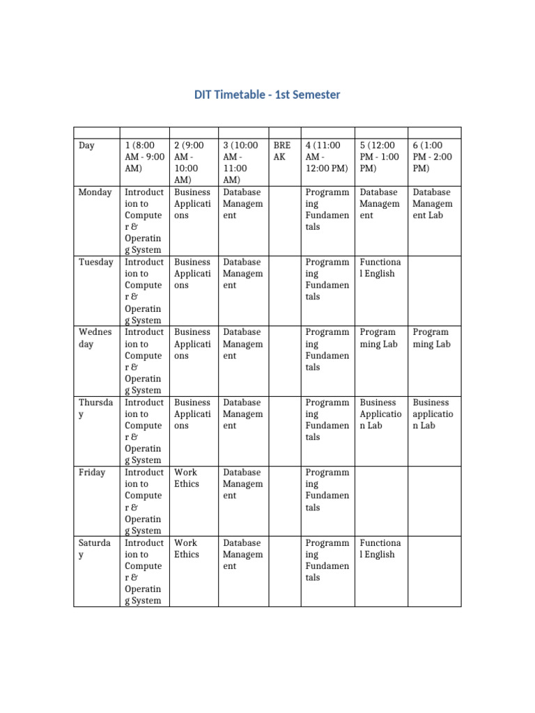DIT 2025 1st Semester Timetable | PDF