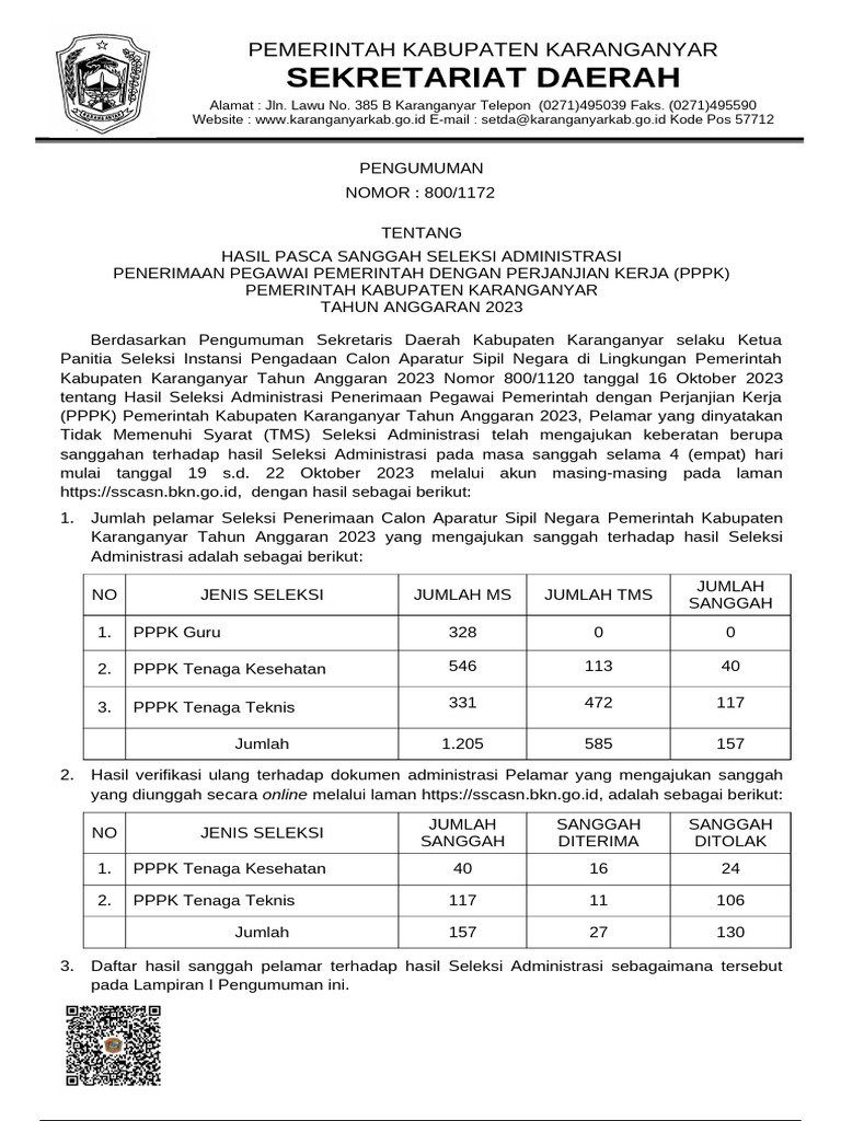 Pengumuman Hasil Sanggah Seleksi Administrasi 2023 | PDF