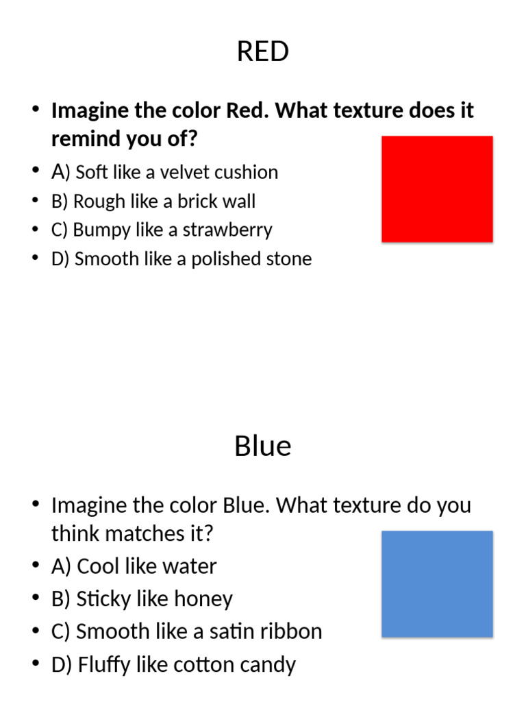 Color and Texture Associations Quiz | PDF