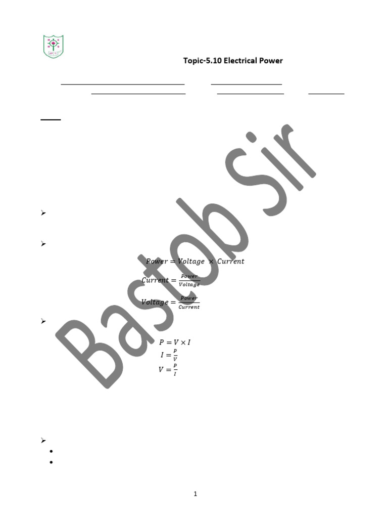 5.10 Electrical Power Handout | PDF | Watt | Physical Quantities