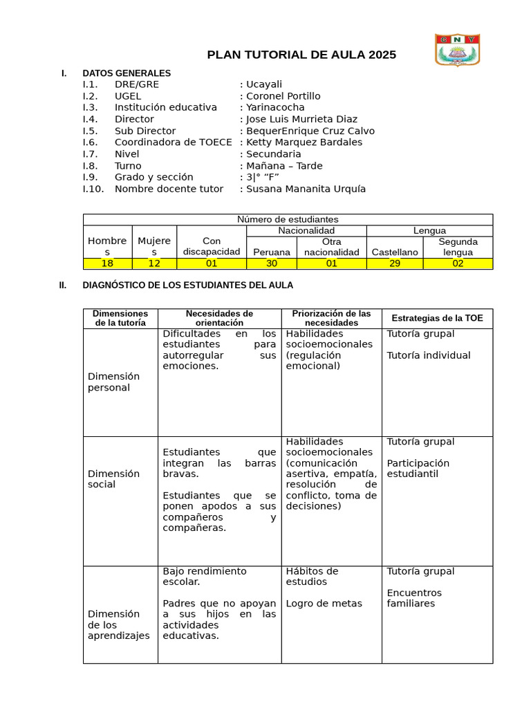 PLAN TUTORIAL DE AULA | PDF | Salón de clases