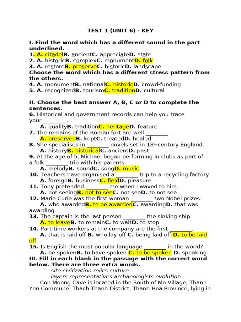 Key Answers for English Test Unit 6 | PDF