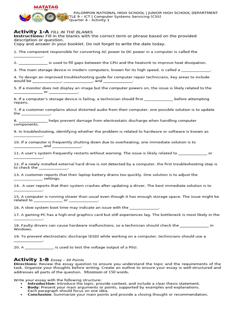 Tle 9 Ict Css q4 Activity 1 | PDF | Computer Hardware | Troubleshooting