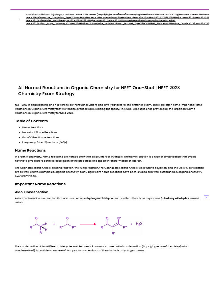Key Organic Reactions for NEET 2023 | PDF | Ester | Chemical Reactions