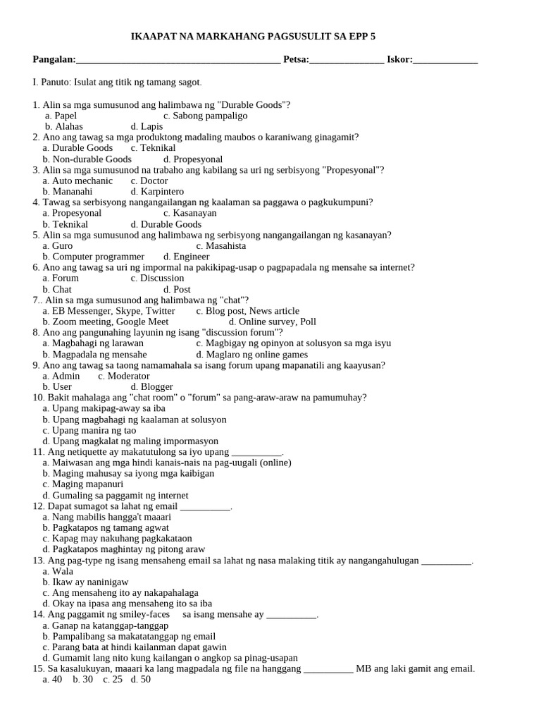 Ikaapat Na Markahang Pagsusulit Sa EPP 5 | PDF