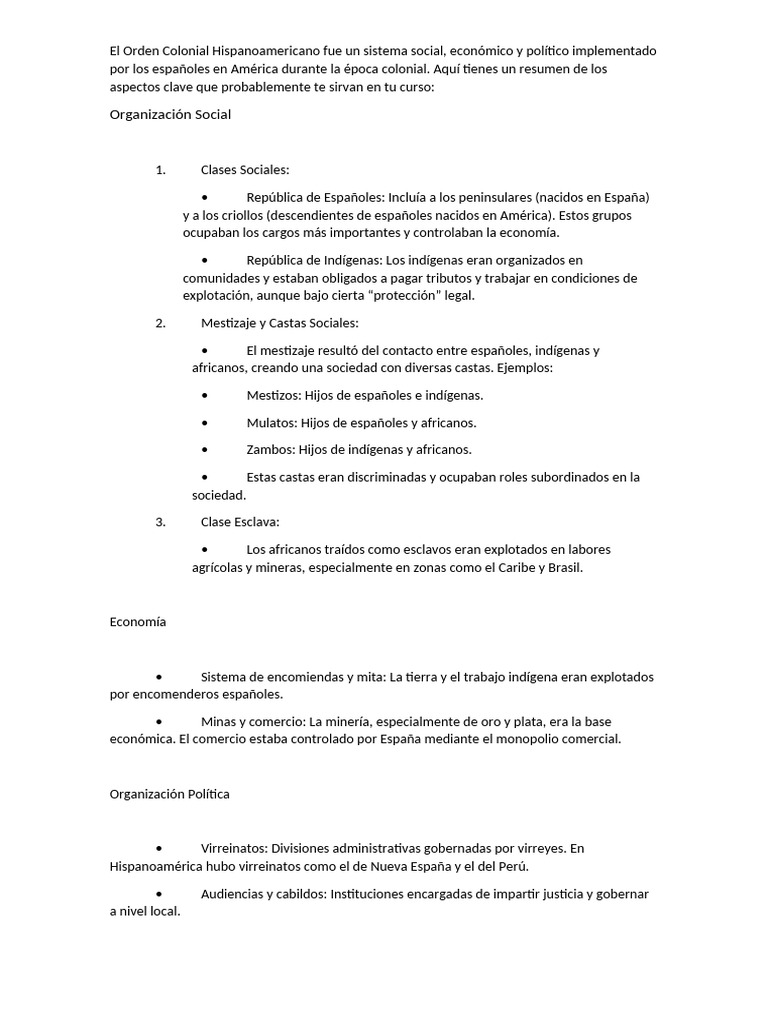 El Orden Colonial Hispanoamericano Fue Un Sistema Social | PDF | Nueva ...